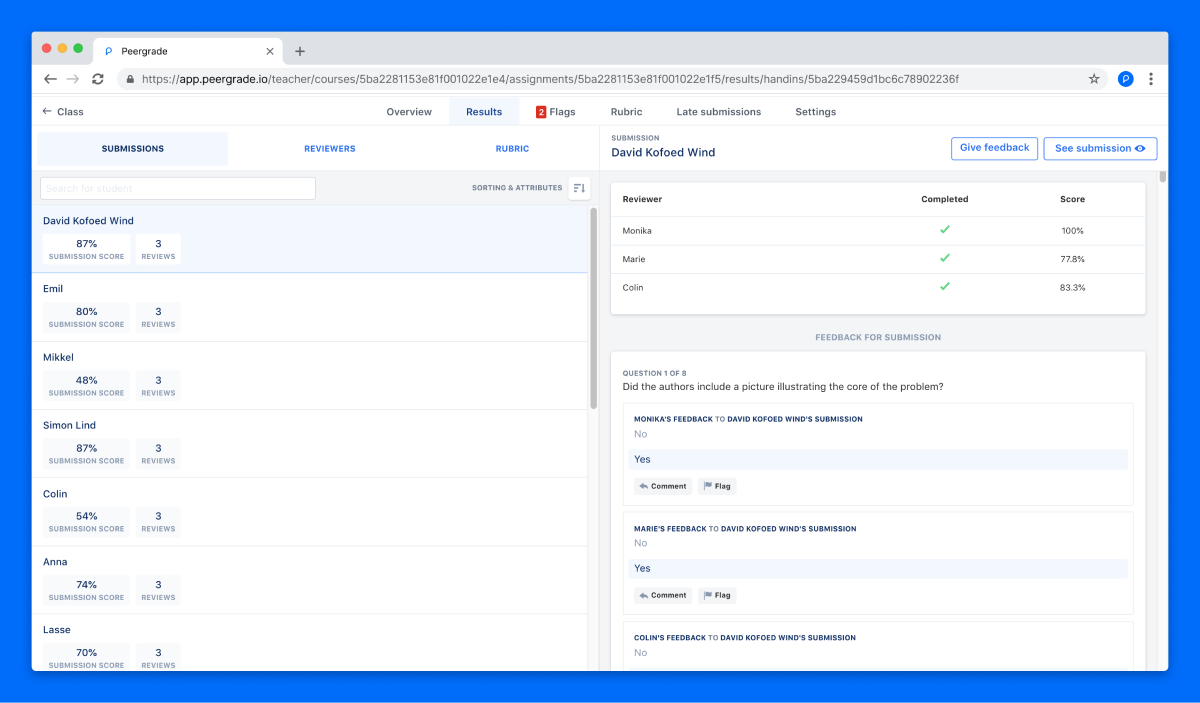Teachers get an overview of all submissions and feedback by the students.